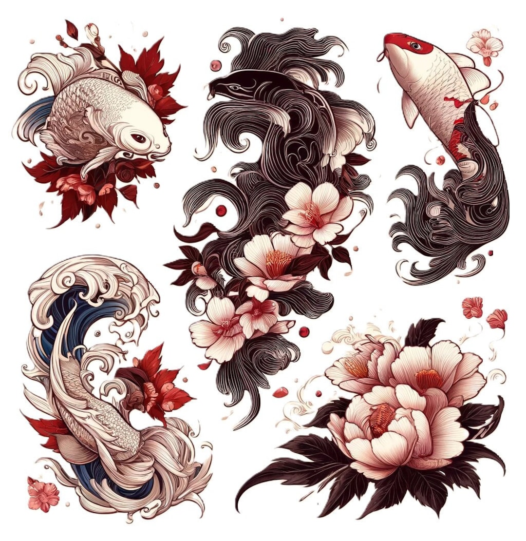 Red Japanese Koi Fish Waves Flowers Tattoo Designs | Set of 5 Japanese ...