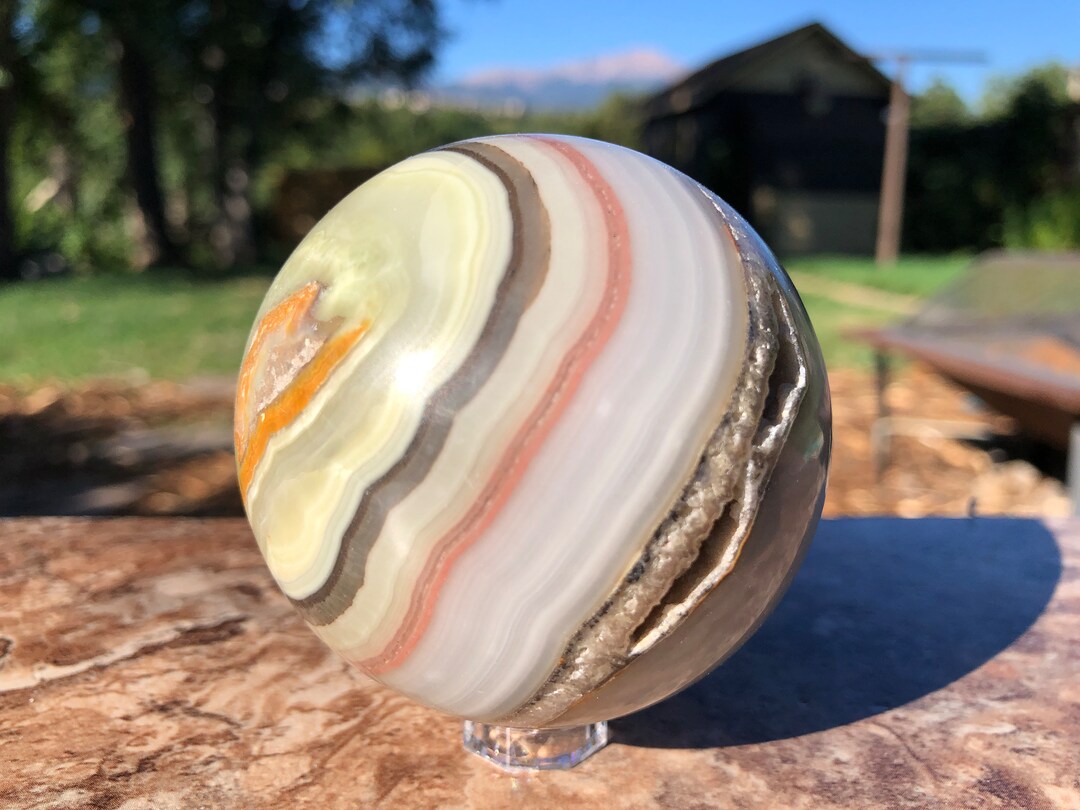 356g .78lbs Banded Calcite Crystal Sphere Ball W Clear Acrylic Stand ...