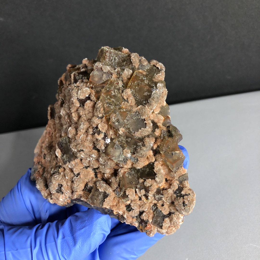 349g Cubic UV Fluorite Covered in Barite Rosettes Crystal Cluster ...