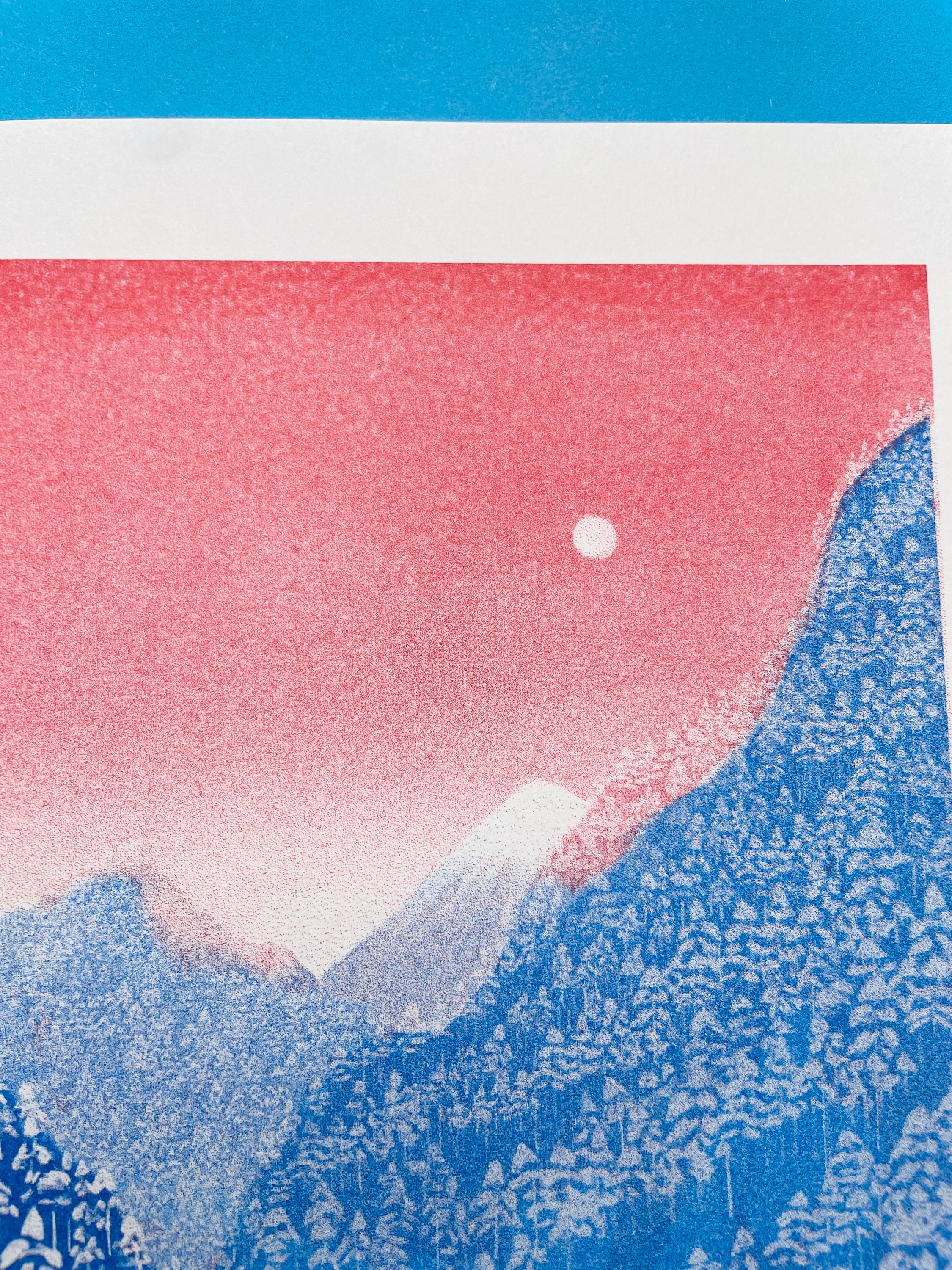 A4 Risograph Print. Slow Train Through Sunset Snowy Mountain Bridge. 2 ...