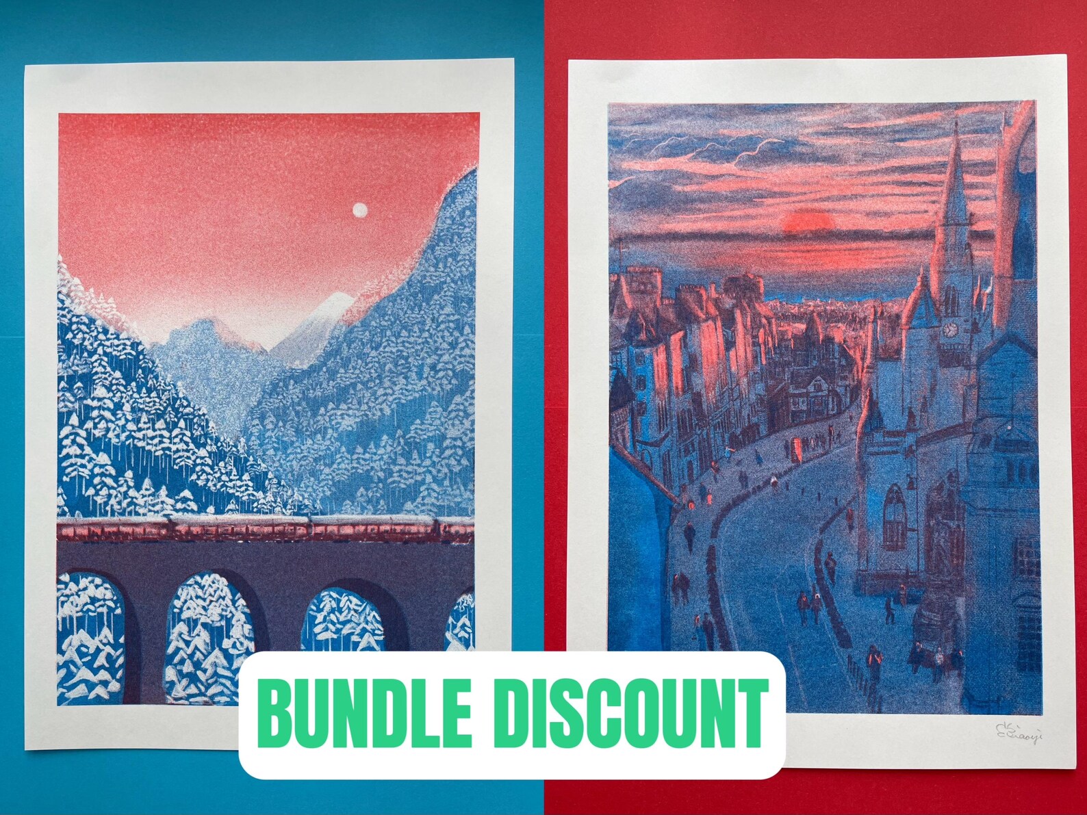 A4 Risograph Print. Slow Train Through Sunset Snowy Mountain Bridge. 2 ...