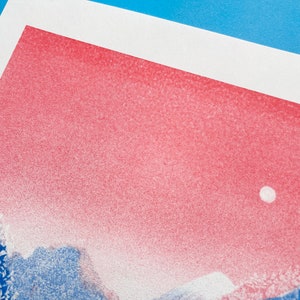 A4 Risograph Print. Slow Train Through Sunset Snowy Mountain Bridge. 2 ...