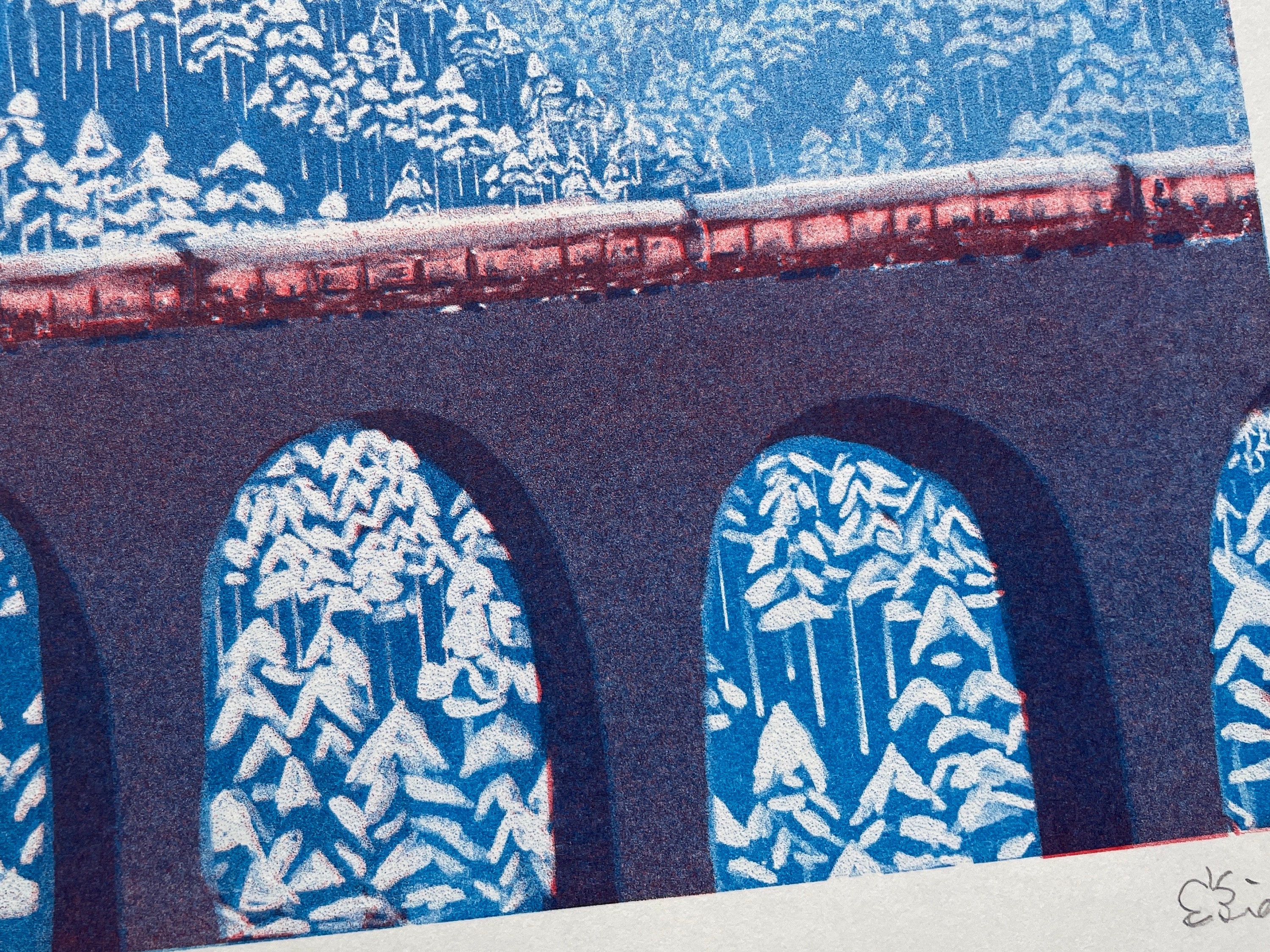 A4 Risograph Print. Slow Train Through Sunset Snowy Mountain Bridge. 2 ...