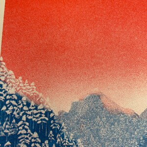A4 Risograph Print. Slow Train Through Sunset Snowy Mountain Bridge. 2 ...