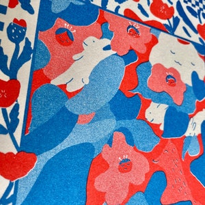 A4 Risograph Print. Siesta Amid Spring Blossoms. Blue and Red Riso Print - Etsy