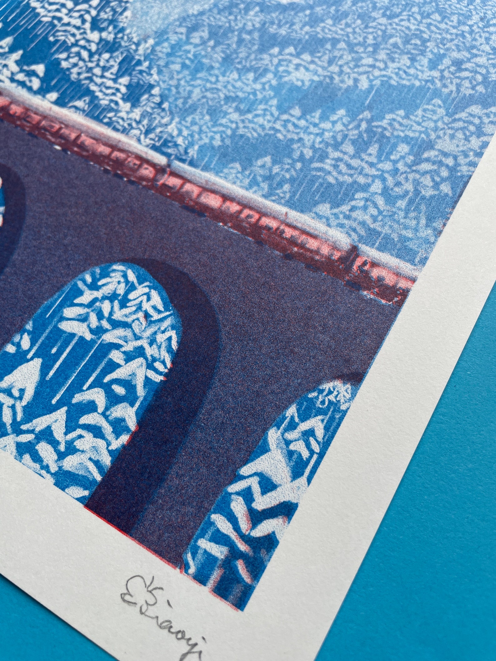 A4 Risograph Print. Slow Train Through Sunset Snowy Mountain Bridge. 2 ...