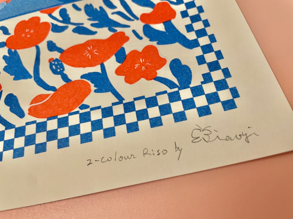 A4 Risograph Print. Siesta Amid Spring Blossoms. Blue and Red Riso ...