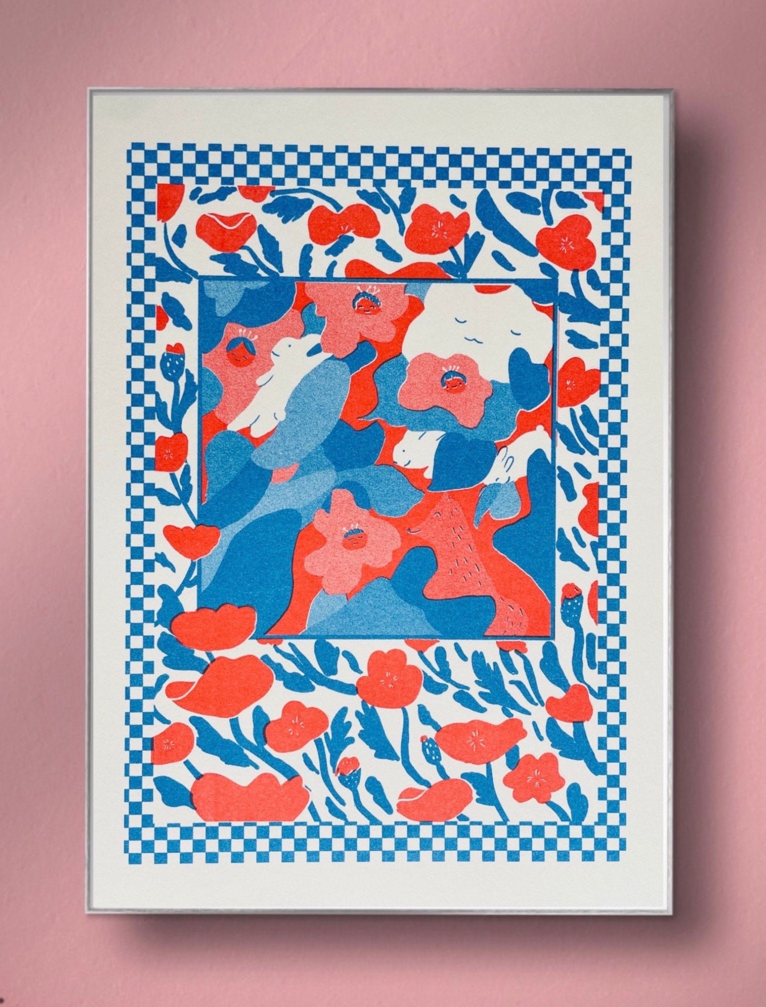 A4 Risograph Print. Siesta Amid Spring Blossoms. Blue and Red Riso ...