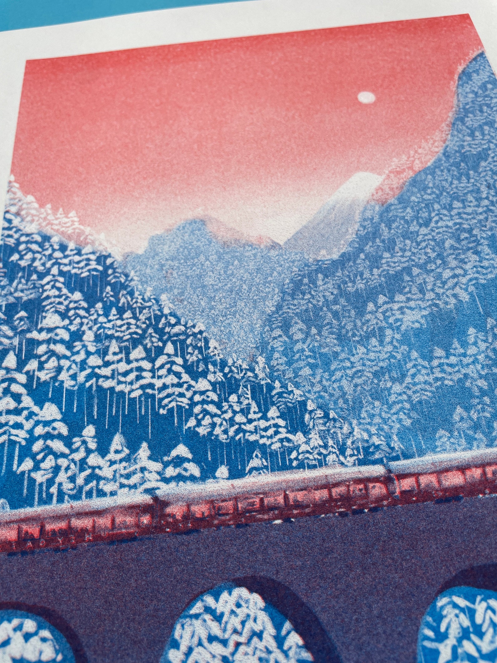 A4 Risograph Print. Slow Train Through Sunset Snowy Mountain Bridge. 2 ...