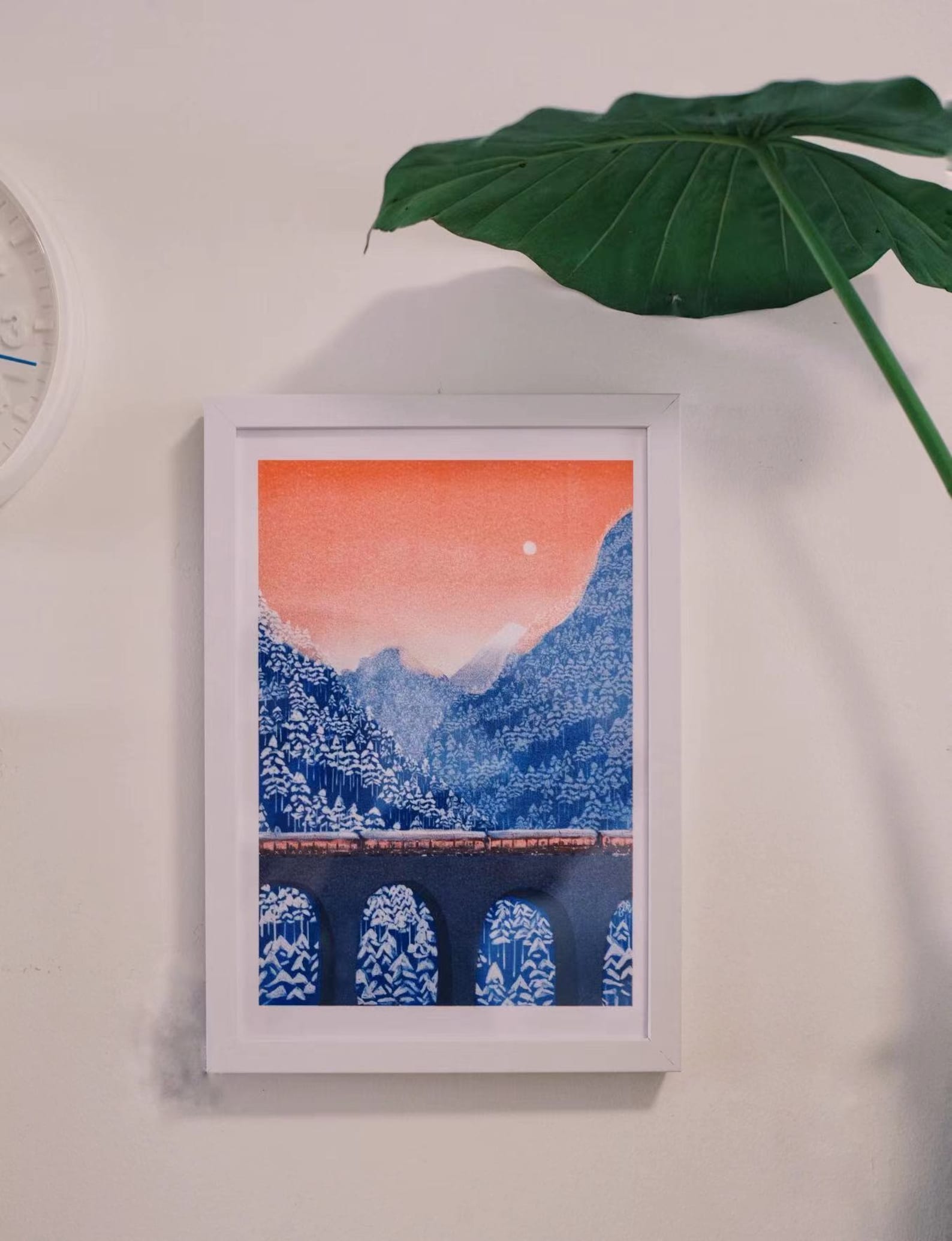 A4 Risograph Print. Slow Train Through Sunset Snowy Mountain Bridge. 2 ...