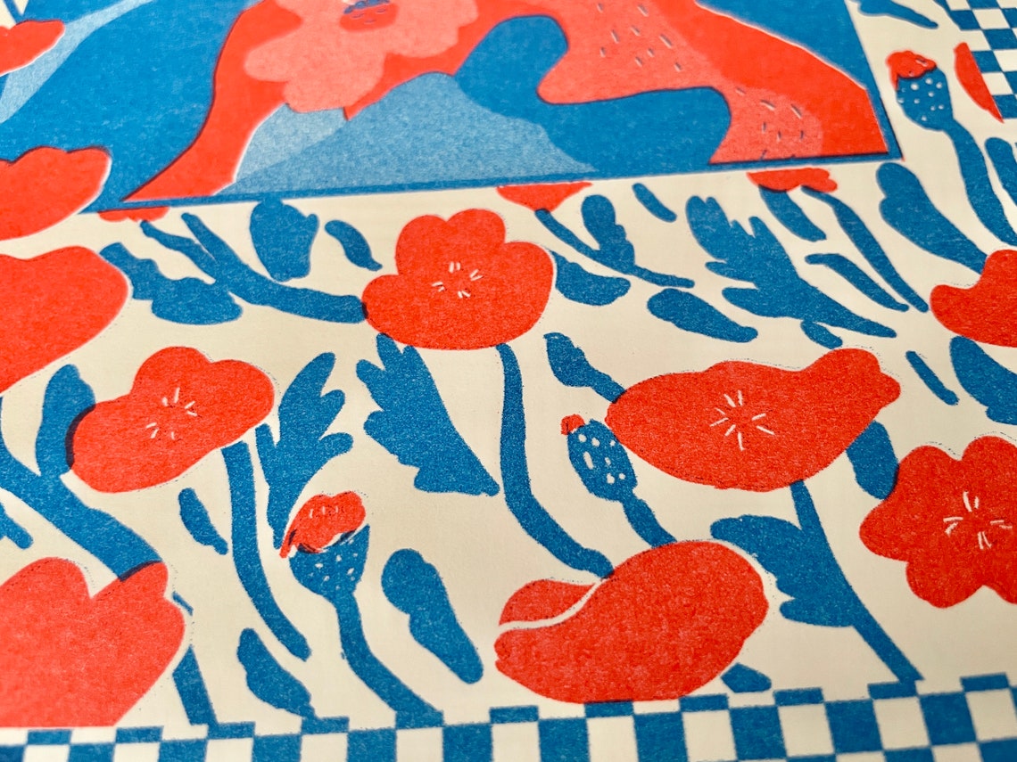 A4 Risograph Print. Siesta Amid Spring Blossoms. Blue and Red Riso ...