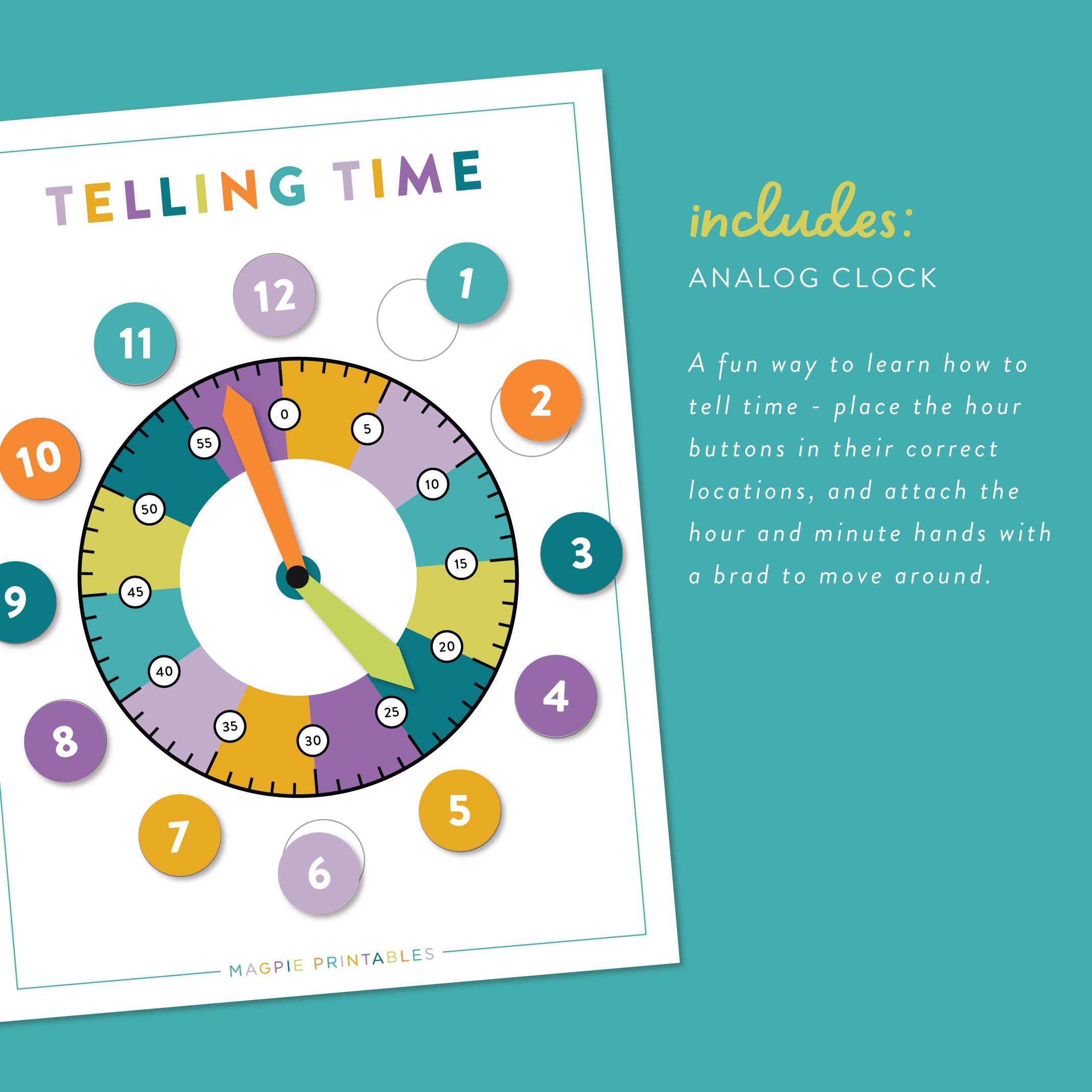 Clock Printable for Kids, Learn to Tell Time, Analog Clock Activity ...