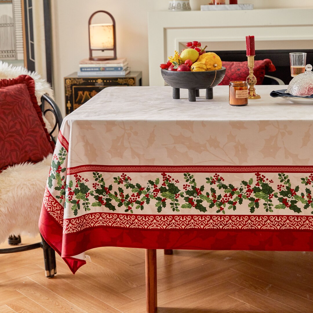 Christmas Holly Berry Tablecloth, Custom Size Rustic Waterproof Design ...