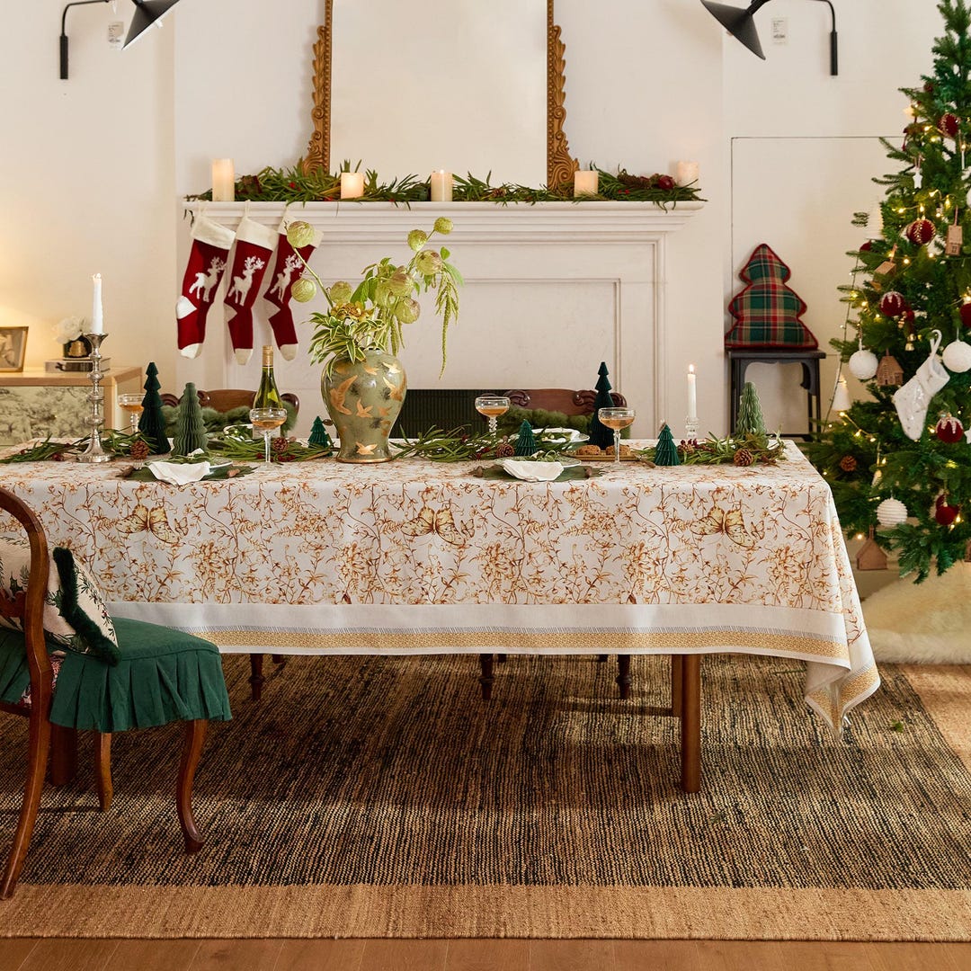 Christmas Gold Floral and Butterfly Pattern Tablecloth, Luxury ...