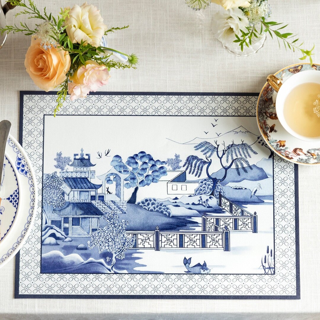 Retro Blue and White Pattern Placemats, Chinoiserie PU Leather Heat ...
