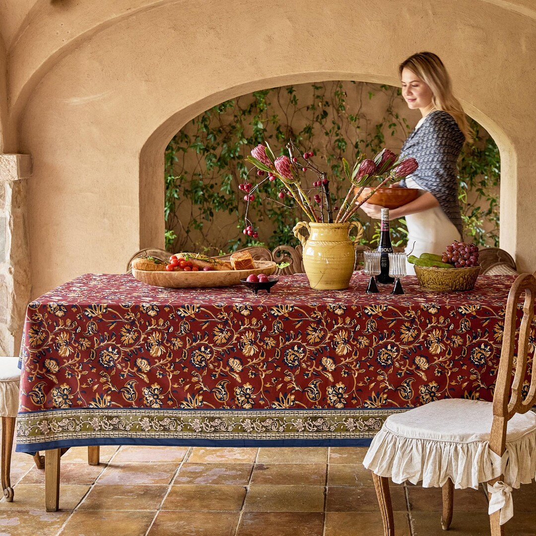 Boho Retro Floral Design Tablecloth, Custom Size Farmhouse Style ...
