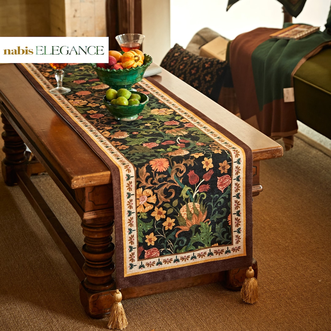 William Morris Pattern Floral Design Table Runner With Tassels Retro ...