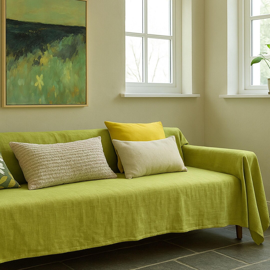 Light Green Linen Sofa Cover, Custom Size Couch Protector, Farmhouse Sofa Decor, Handmade Living ...