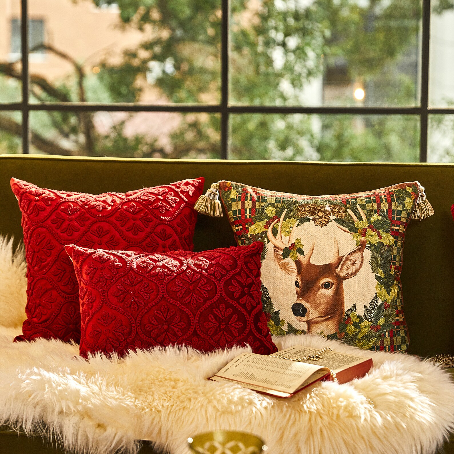 Rich Color Holly and Reindeer Throw Pillow Cover Red and - Etsy