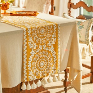 Embroideried Table Runner | Rustic Farmhouse Table Runner | Chic Tassel ...