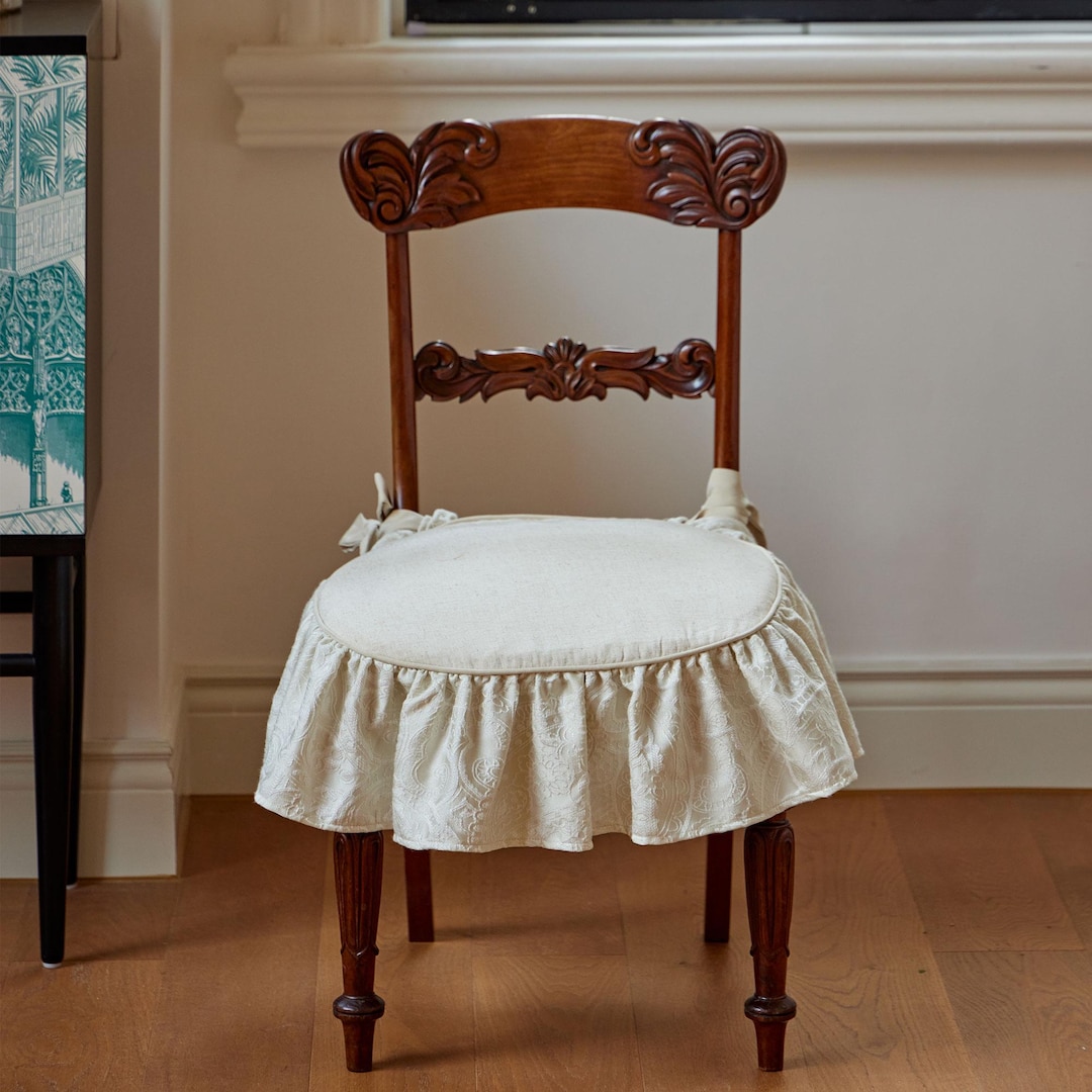 Linen Ruffle Chair Cover, Cream White Jacquard, Elegant Dining Seat ...