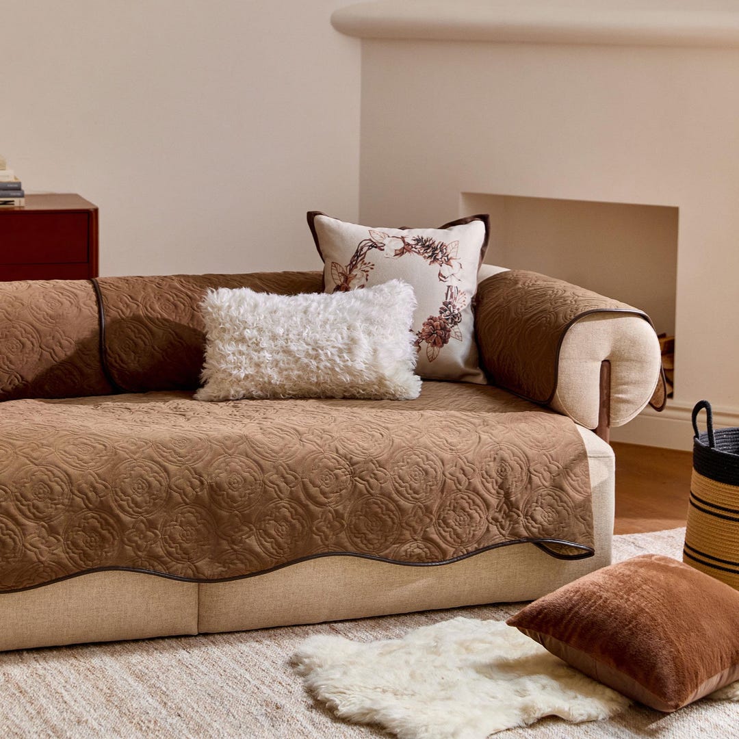 Custom Handmade Quilted Embroidery Sofa Cover, Brown Couch Protector ...