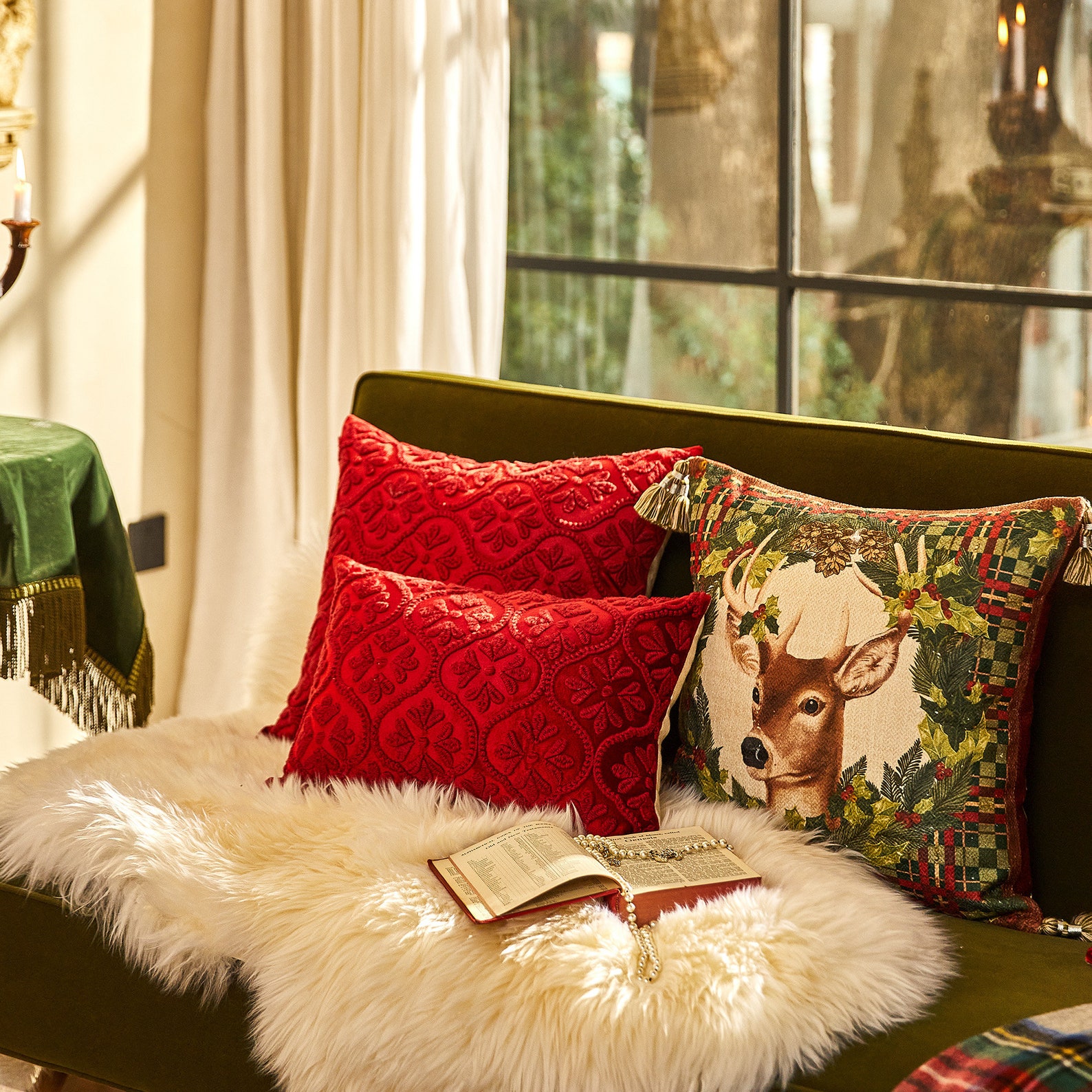 Rich Color Holly and Reindeer Throw Pillow Cover Red and - Etsy