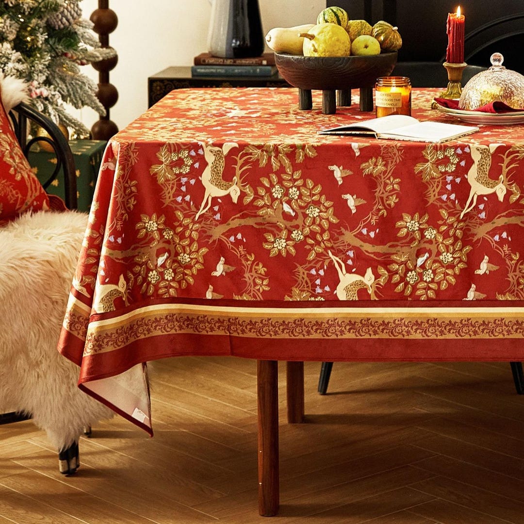 Red and Gold Velvet Deer Tablecloth, Waterproof, Custom Size, Elegant ...
