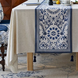 Blue and Pearl White Porcelain Pattern Table Runner, Indigo Blue ...