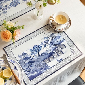 Retro Blue and White Pattern Placemats, Chinoiserie PU Leather Heat ...
