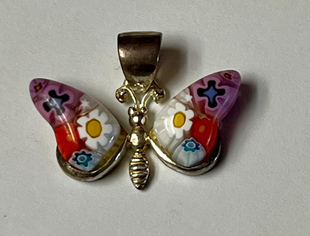 Murano Glass Millefiori Sterling Silver Butterfly Necklace Pendant ...