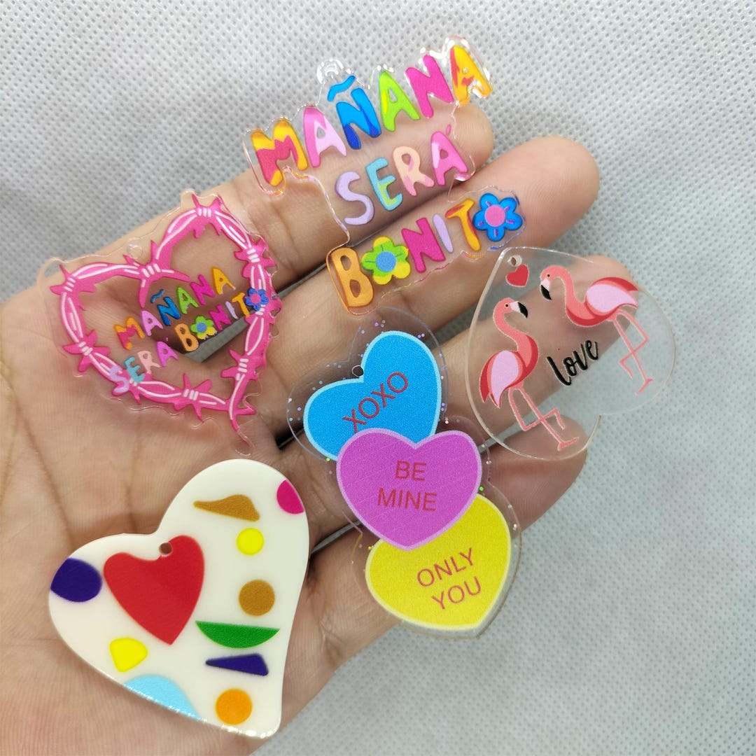 Cartoon Heart Series Charm Acrylic Heart Embossed Printed Charms ...