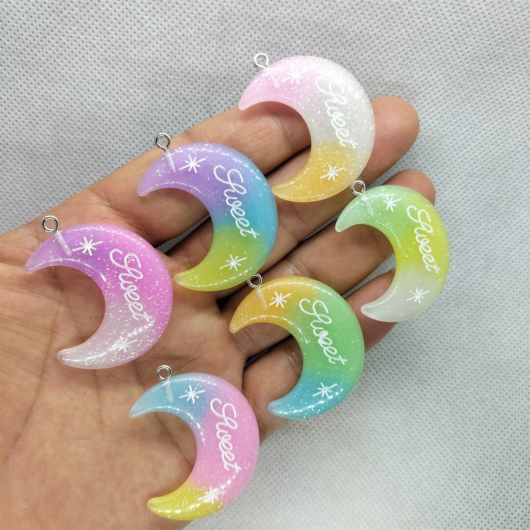 31*39mm Resin Glitter Moon Charm Rainbow Half Moon Charms Pendant for ...