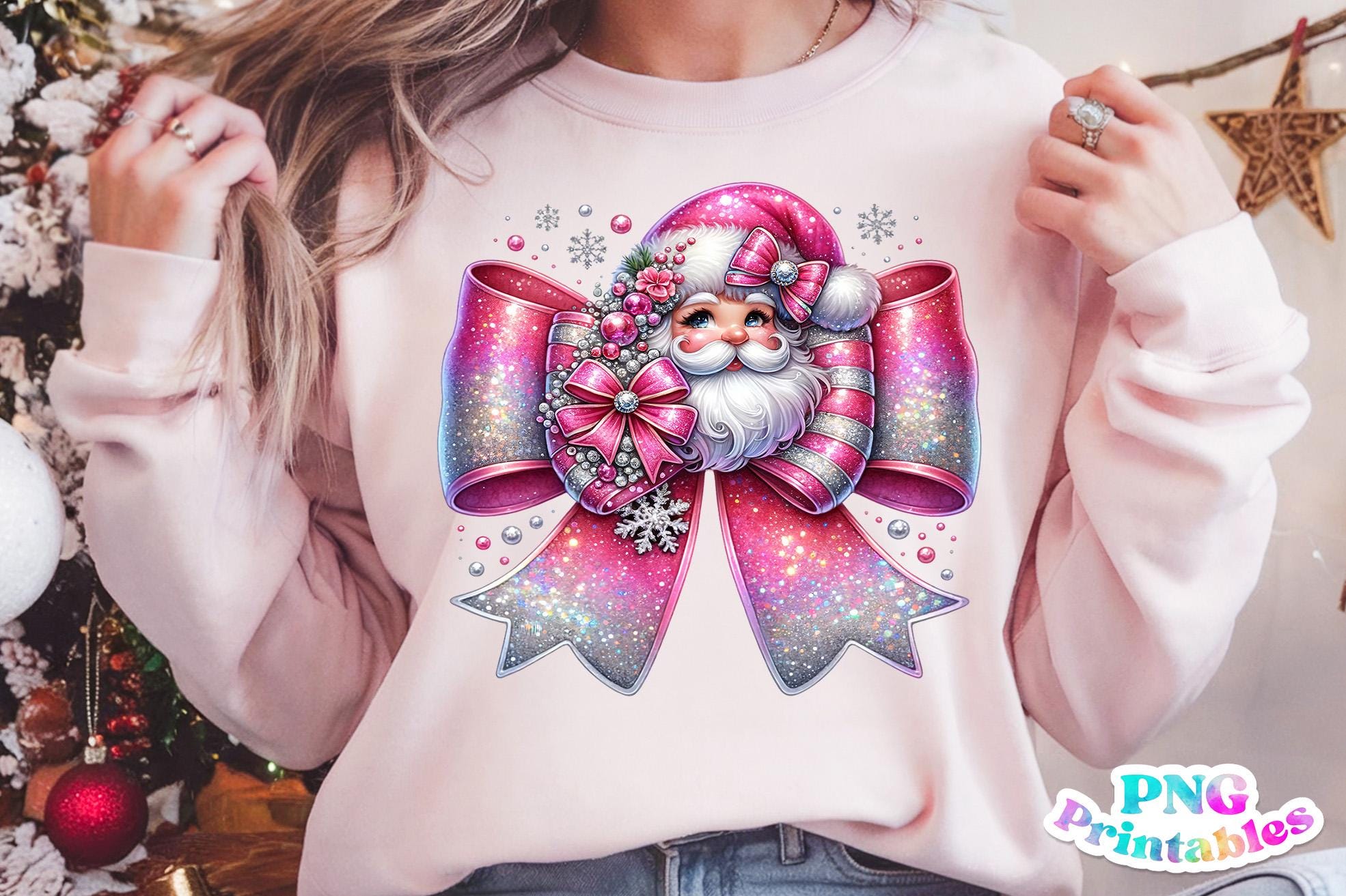Santa Bow Png - Pink Glitter Santa Bow Christmas Sublimation - Png ...