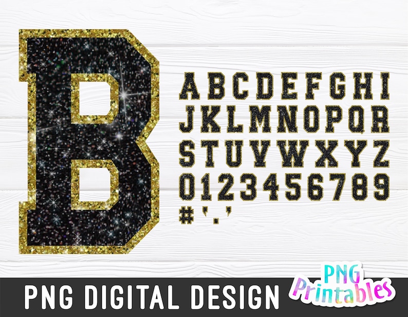 Glitter Sport Alphabet Png - Black and Gold Alphabet - Png Print File ...