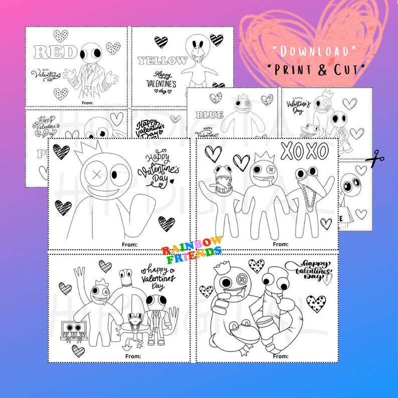 Instant Download Cute Coloring Valentines Day Card Bundle Rainbow ...