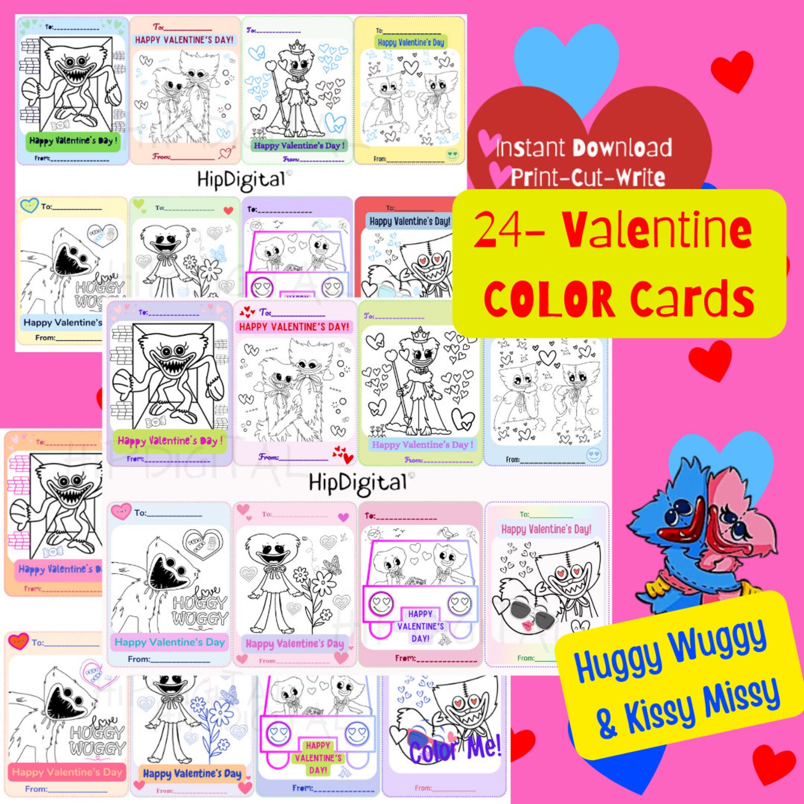 Instant Download Valentines Day Coloring Card Bundle Huggy Wuggy Kissy ...
