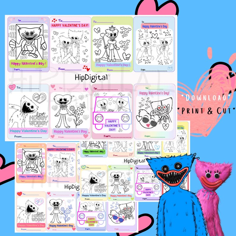Instant Download Valentines Day Coloring Card Bundle Huggy Wuggy Kissy ...