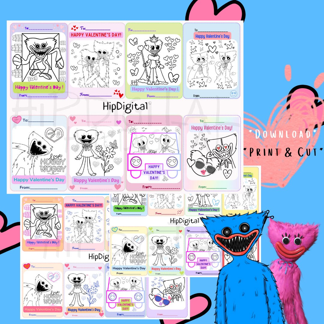 Instant Download Valentines Day Coloring Card Bundle Huggy Wuggy Kissy ...