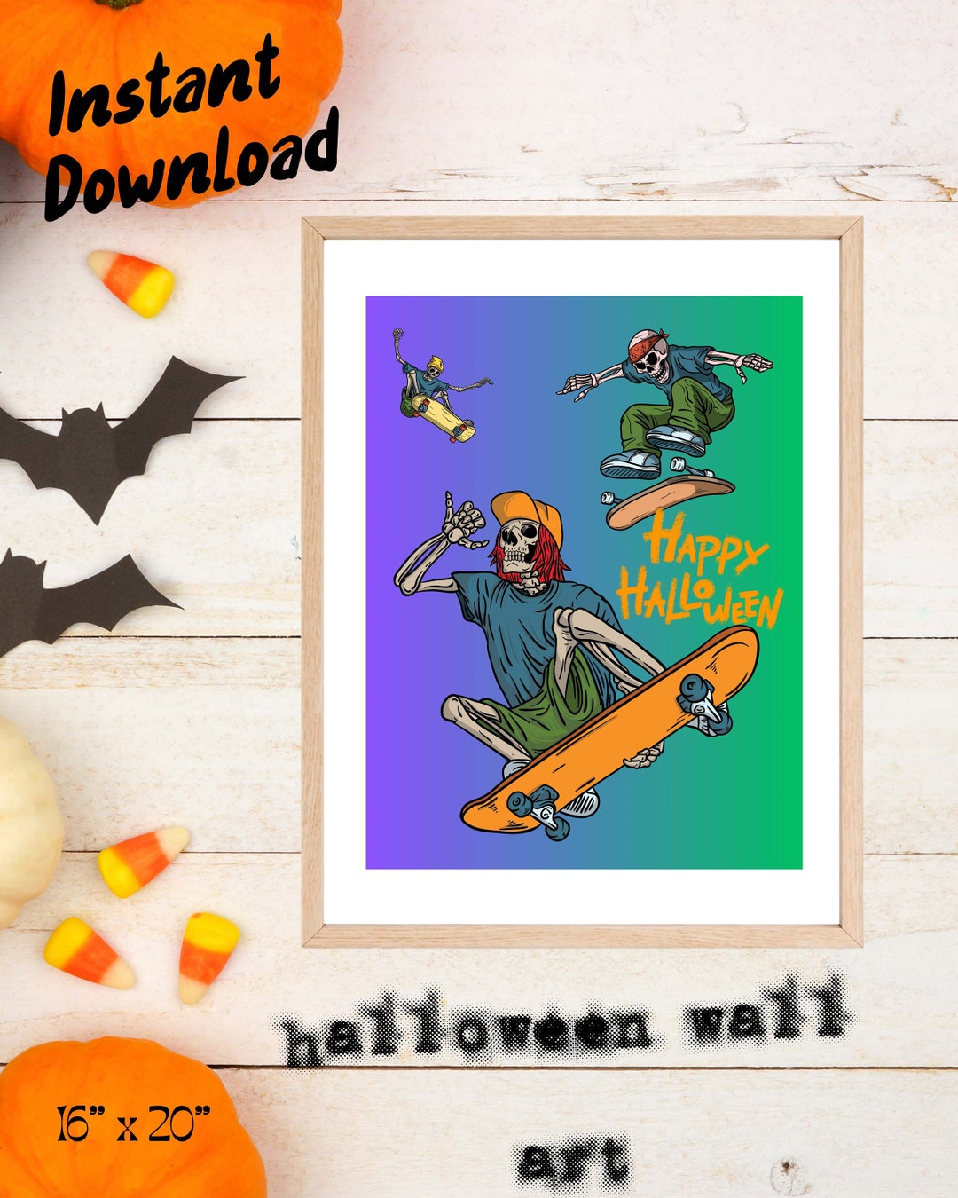 Skateboarding Skeletons Halloween Wall Art Zombie Skaters - Etsy