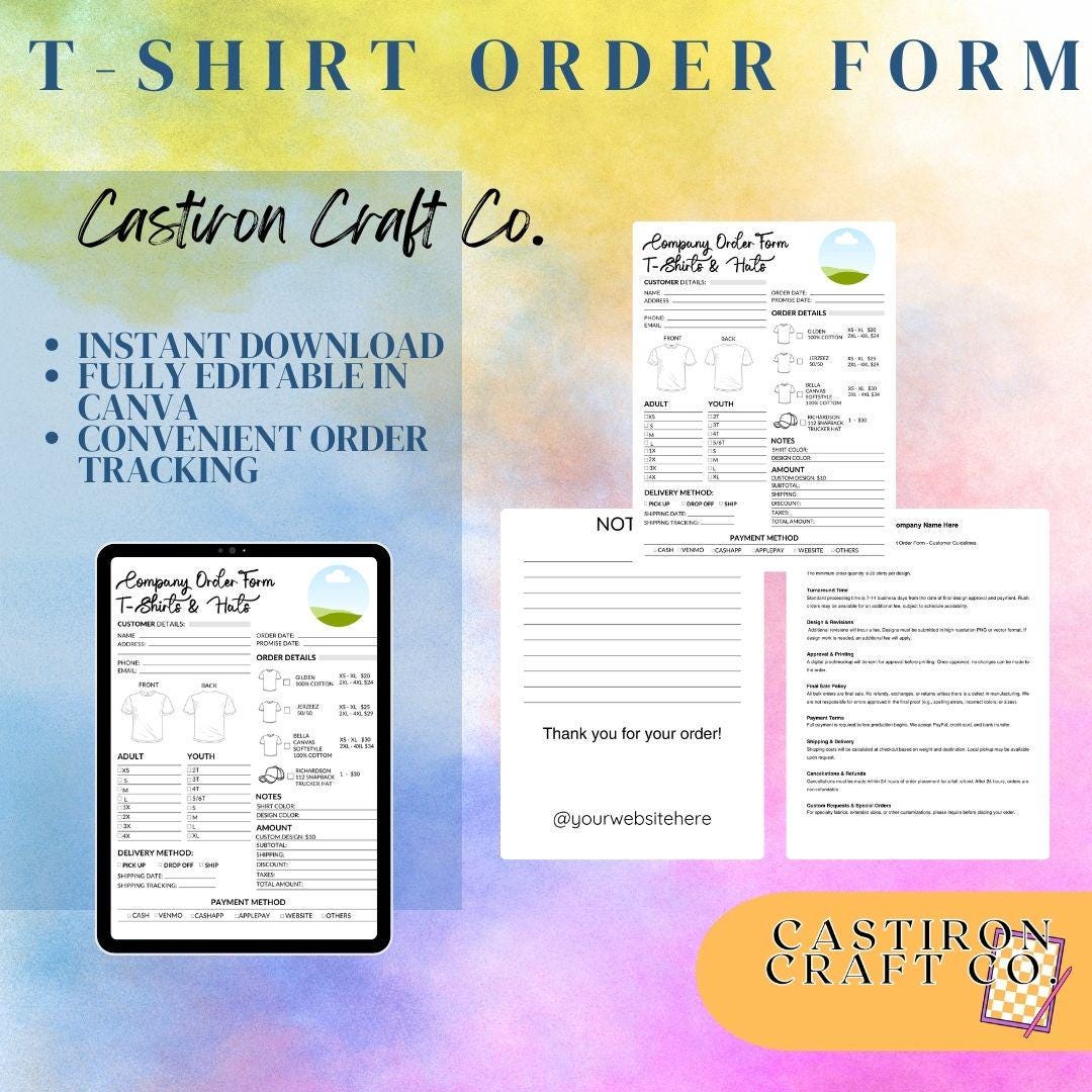 Custom T-shirt Order Form Template: Editable Canva Sheet (digital ...