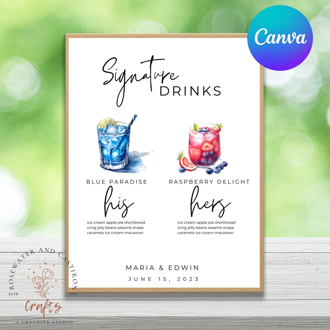 Signature Drink Sign Elegant Wedding Party Drink Menu - Customizable ...
