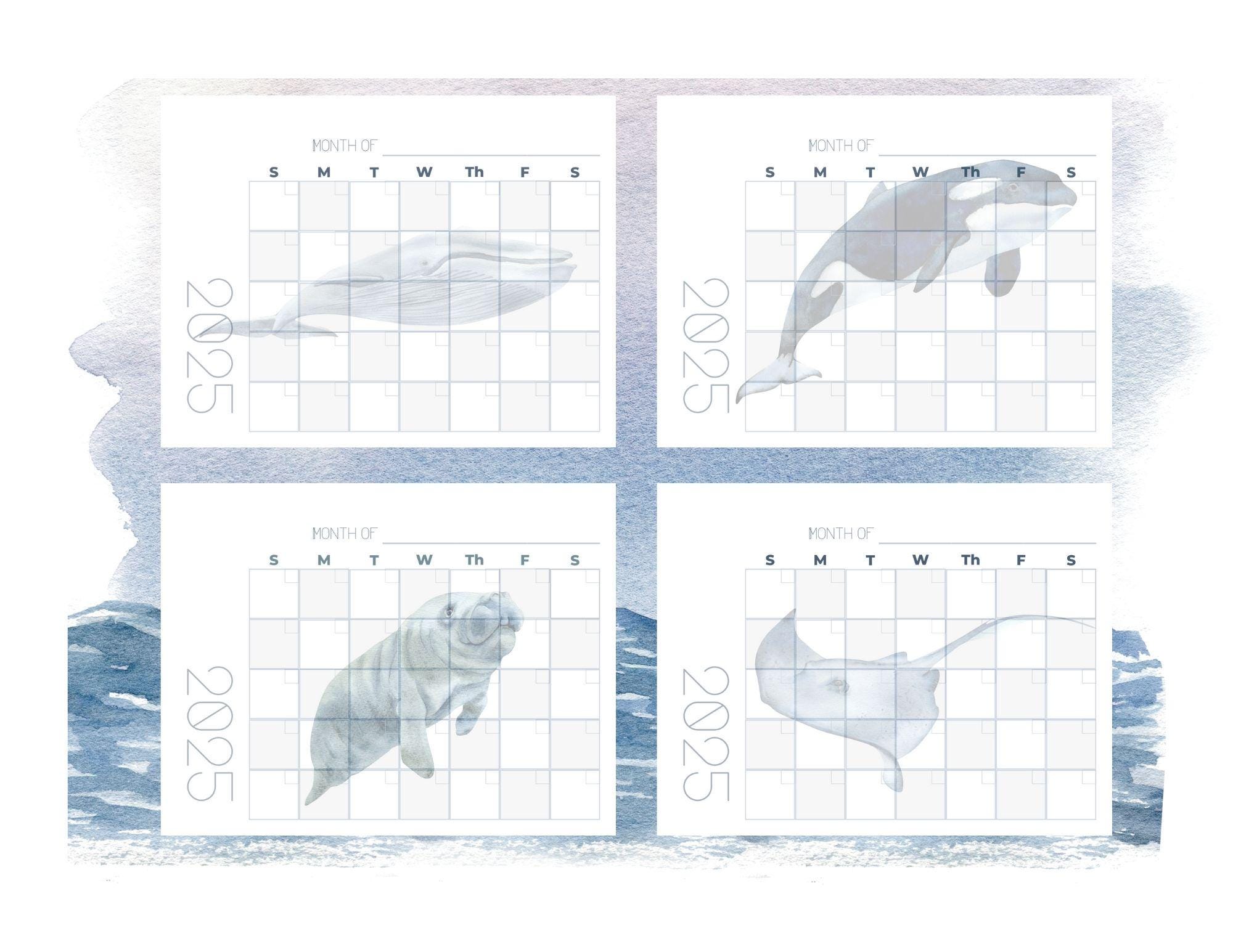 Ocean Animals Creatures Printable Monthly Calendar Planner 2025-2026 ...