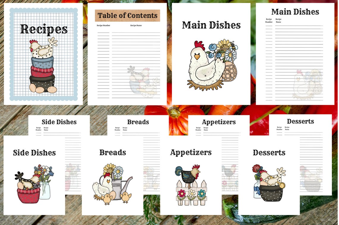 Printable Recipe Pages Chickens Downloadable Digital Recipe Book Chef ...