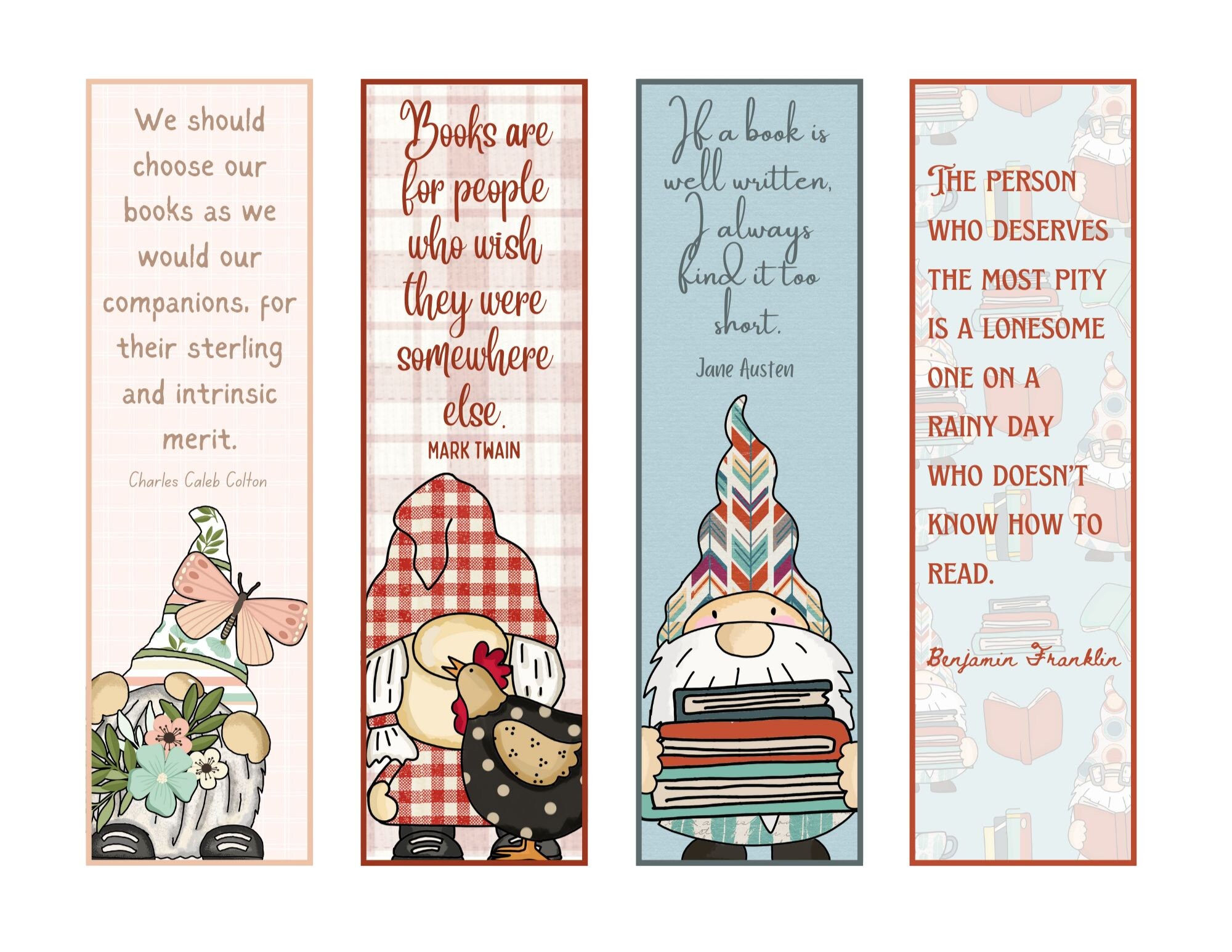 Printable Gnome Bookmarks Digital Download Quotes Books Reading Gifts ...