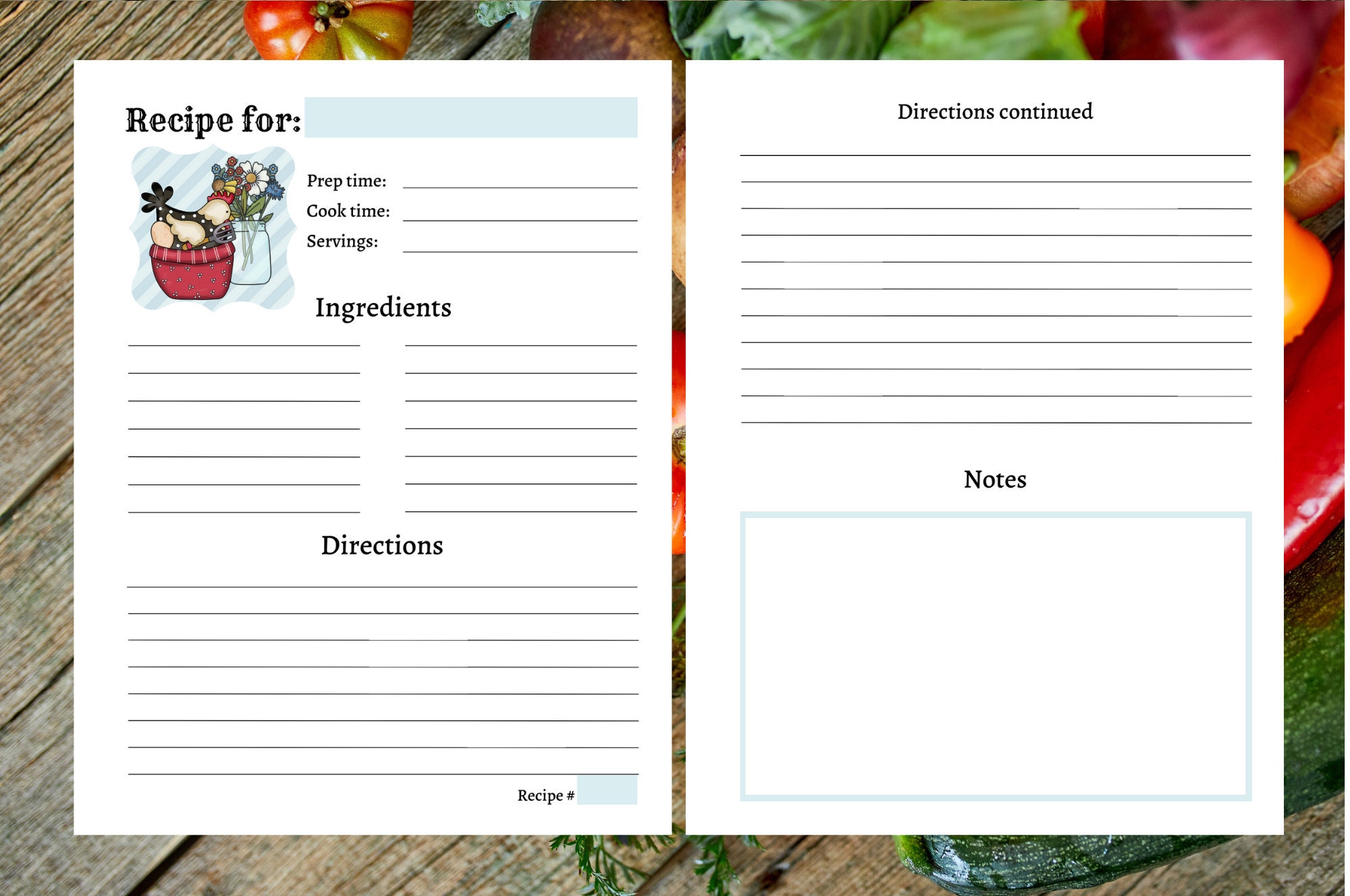 Printable Recipe Pages Chickens Downloadable Digital Recipe Book Chef ...