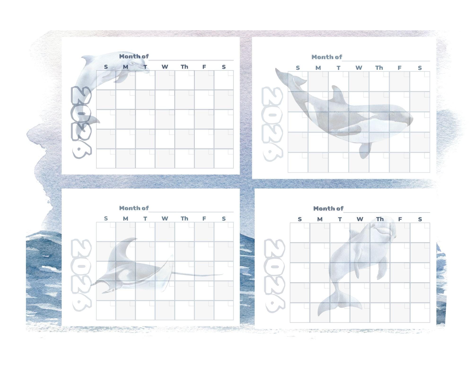 Ocean Animals Creatures Printable Monthly Calendar Planner 2025-2026 ...