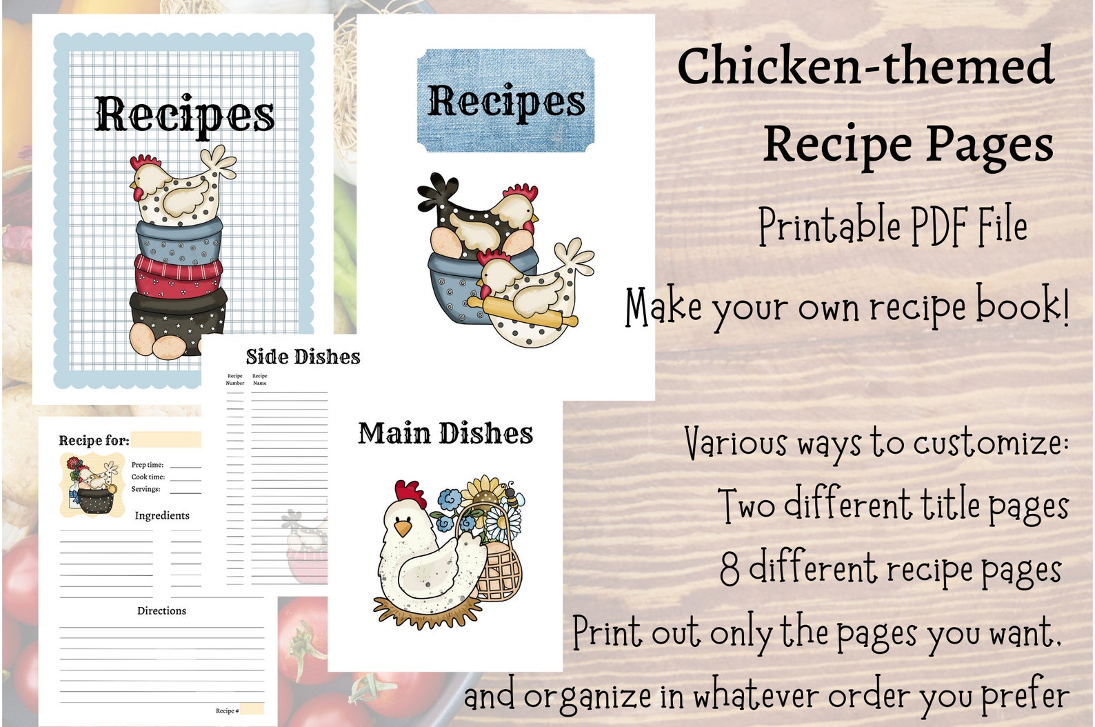 Printable Recipe Pages Chickens Downloadable Digital Recipe Book Chef ...