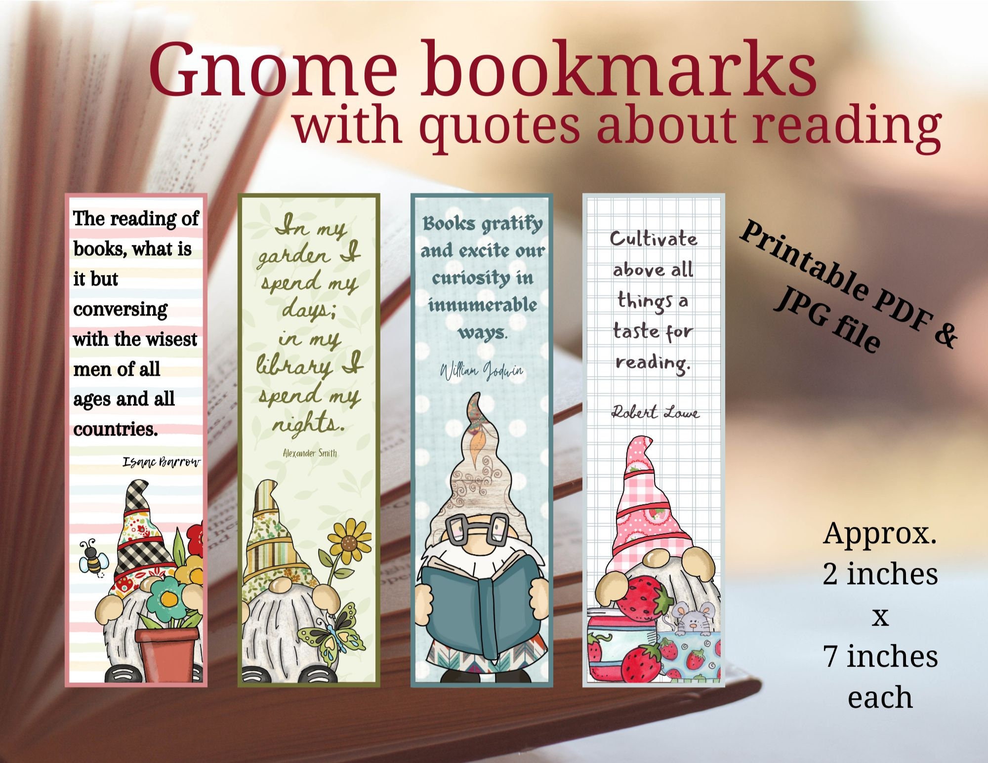 Printable Gnome Bookmarks Digital Download Quotes Books Reading Gifts ...