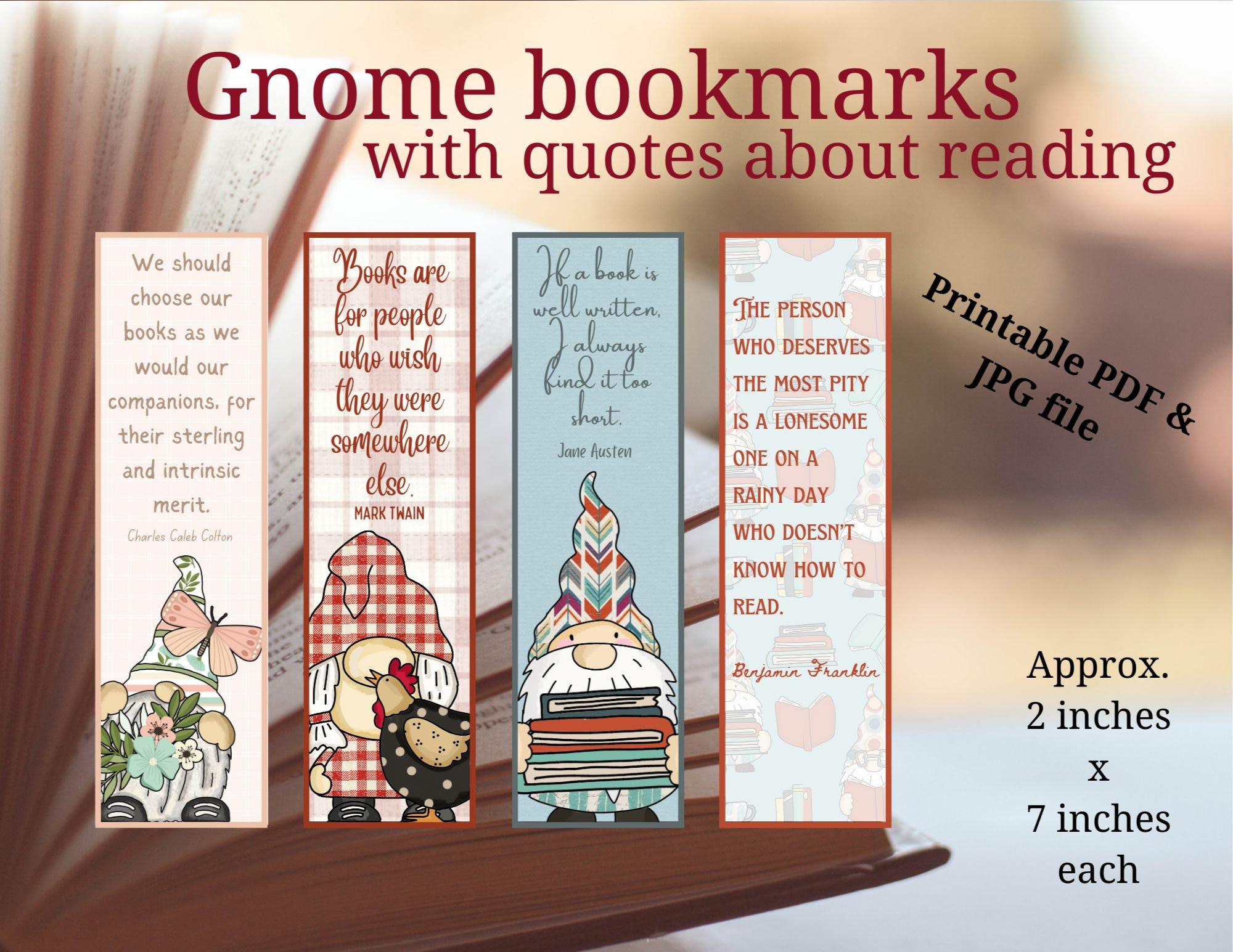 Printable Gnome Bookmarks Digital Download Quotes Books Reading Gifts ...
